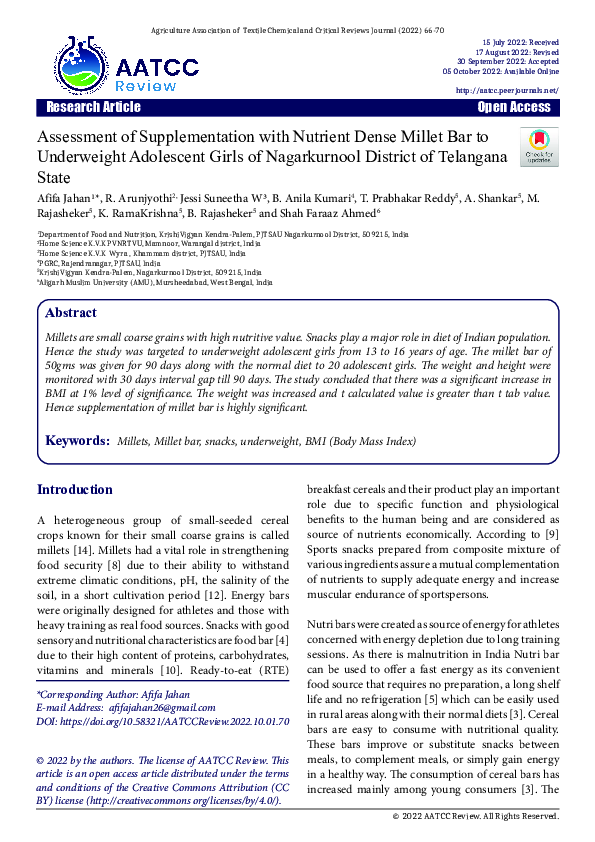 (PDF) Assessment of Supplementation with Nutrient Dense Millet Bar to ...