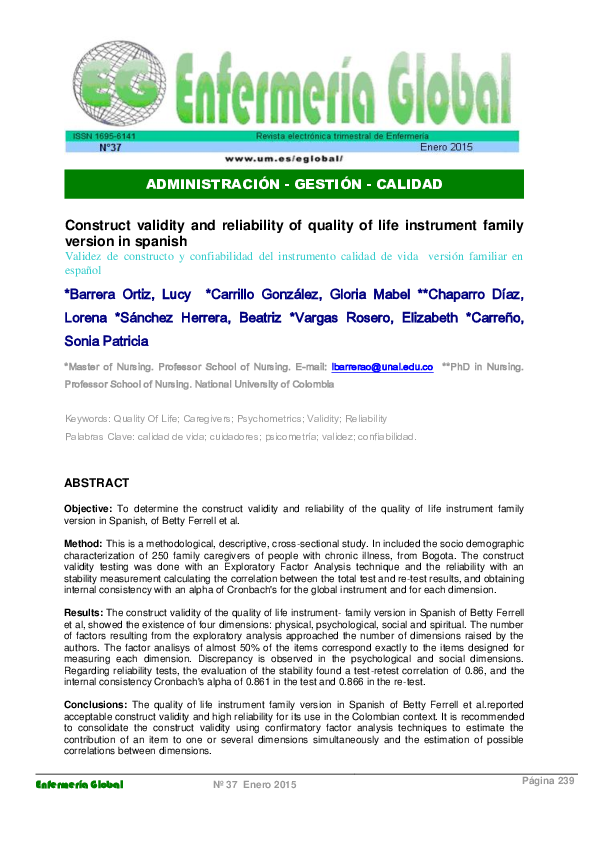 (PDF) Construct validity and reliability of quality of life instrument ...