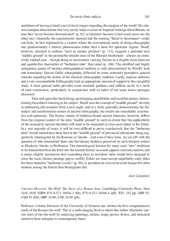 (PDF) Review: Cristina Mazzoni, "She-Wolf. The Story of a Roman Icon"