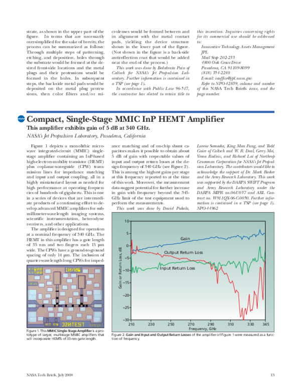 (PDF) Compact, Single-Stage MMIC InP HEMT Amplifier