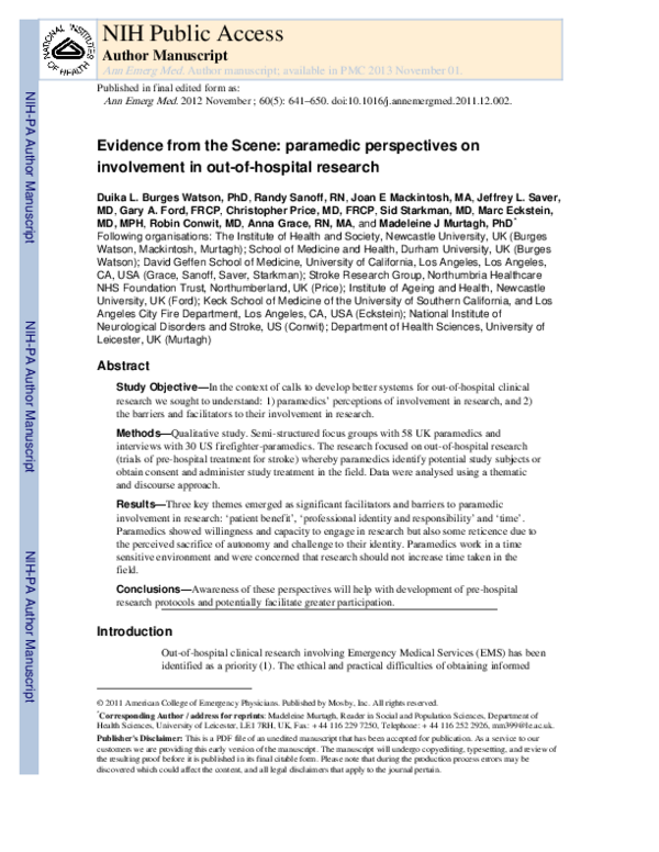 (PDF) Evidence From the Scene: Paramedic Perspectives on Involvement in ...