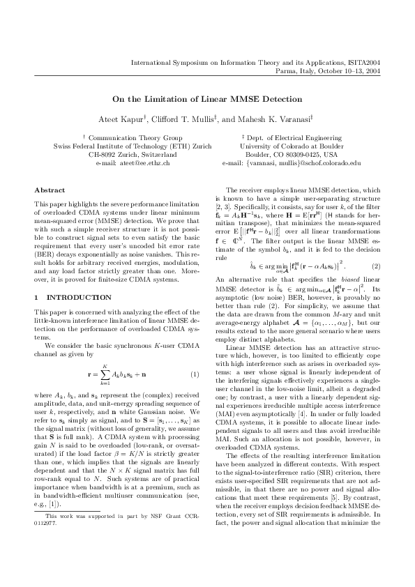 (PDF) On the Limitation of Linear MMSE Detection