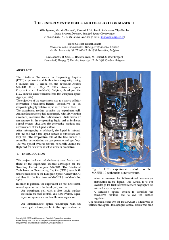 (PDF) ITEL experiment module and its flight on MASER 10