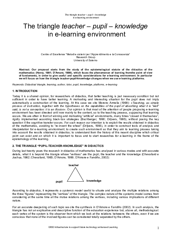 (PDF) The triangle teacher – pupil – knowledge in e-learning environment