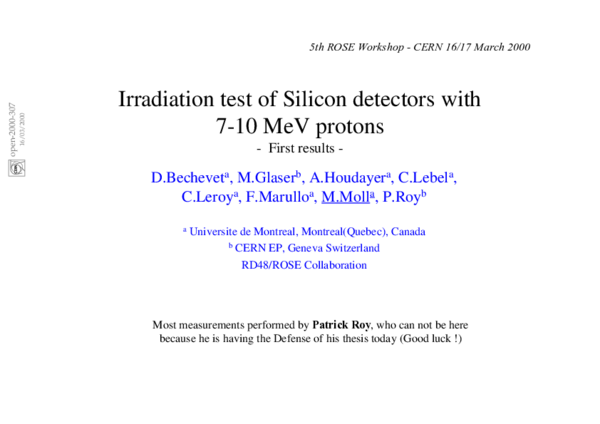 (PDF) Irradiation test of Silicon detectors with 7-10 MeV protons