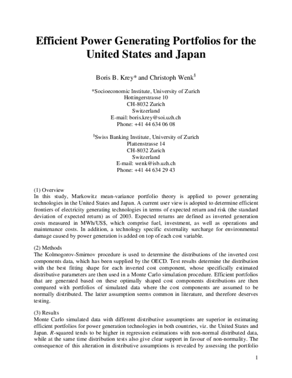 (PDF) Efficient Power Generating Portfolios for the United States and Japan