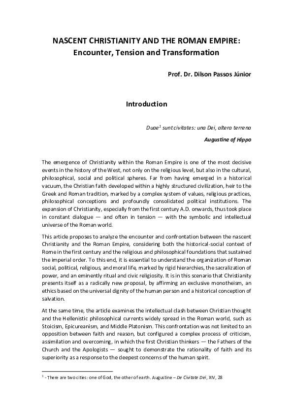 (PDF) NASCENT CHRISTIANITY AND THE ROMAN EMPIRE: Encounter, Tension and ...