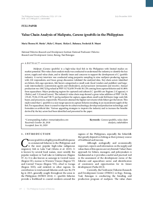 (PDF) Value Chain Analysis of Maliputo, Caranx ignobilis in the Philippines
