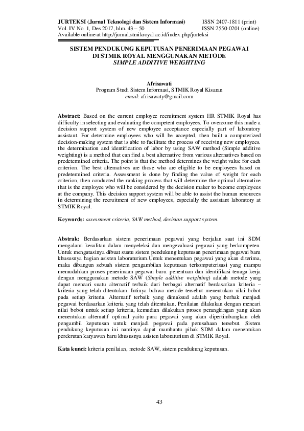 (PDF) Sistem Pendukung Keputusan Penerimaan Pegawai di STMIK Royal ...