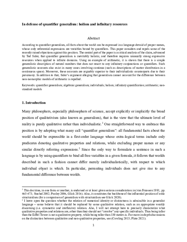 (PDF) In defense of quantifier generalism: holism and infinitary resources