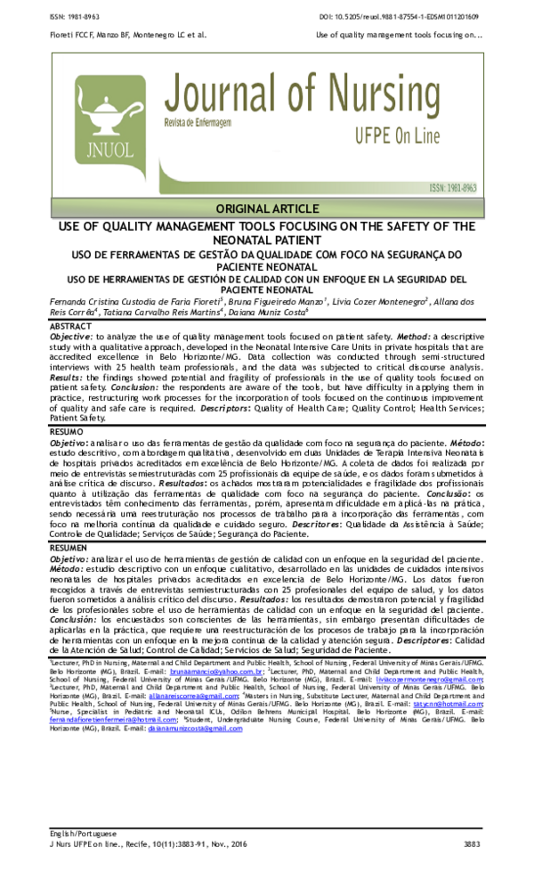 (PDF) Use of quality management tools focusing on the safety of the ...