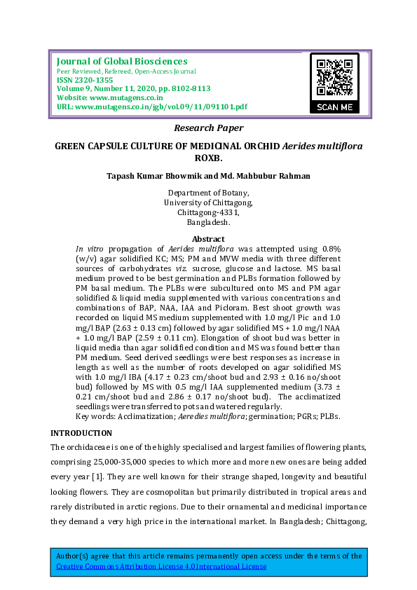 (PDF) GREEN CAPSULE CULTURE OF MEDICINAL ORCHID Aerides multiflora ROXB