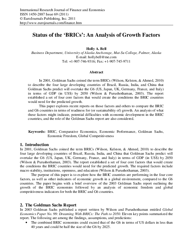 (PDF) Status of the 'BRICs': An Analysis of Growth Factors