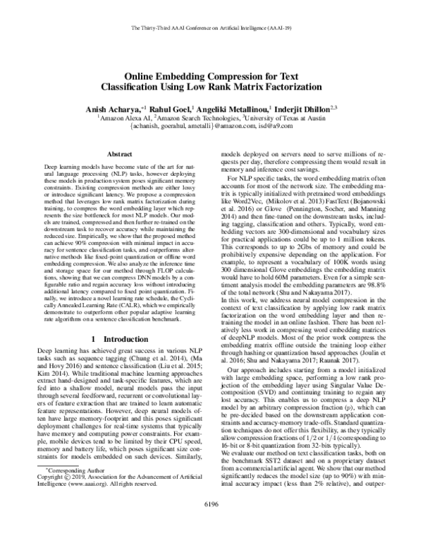 (PDF) Online Embedding Compression for Text Classification Using Low ...