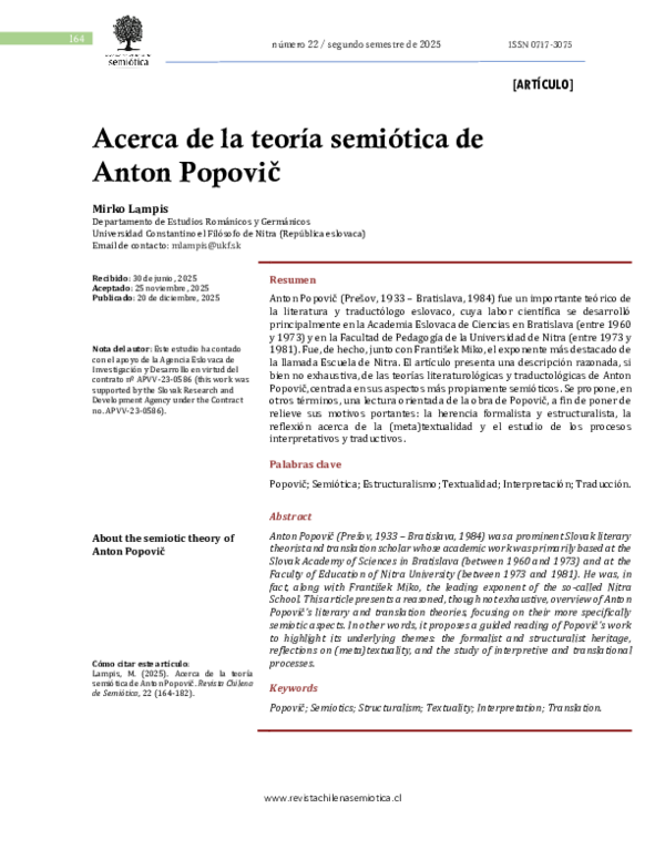 (PDF) Acerca de la teoría semiótica de Anton Popovič