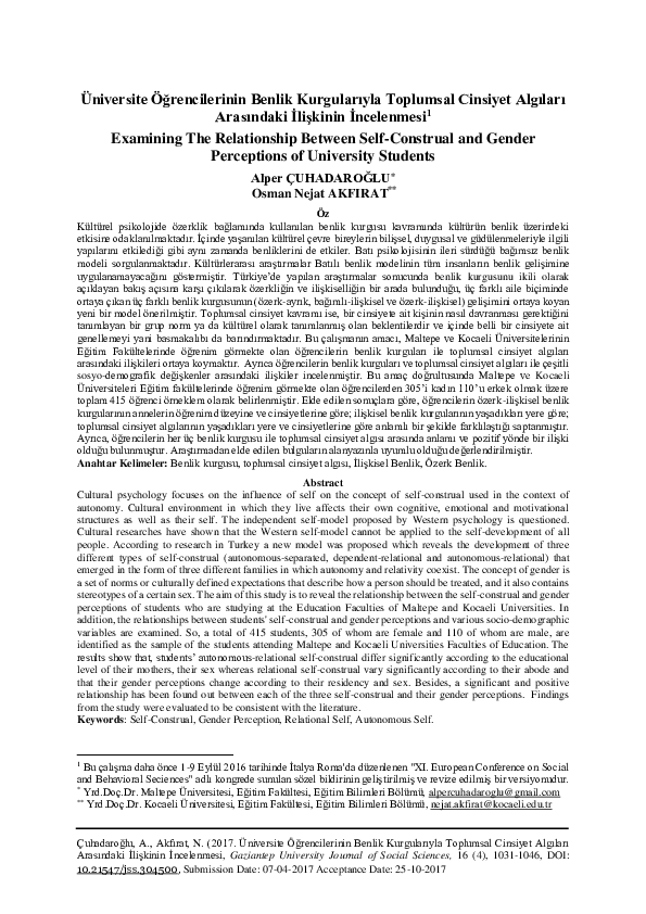 (PDF) Examining The Relationship Between Self-Construal and Gender ...