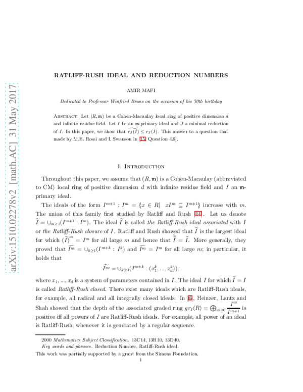 (PDF) Ratliff-Rush ideal and reduction numbers