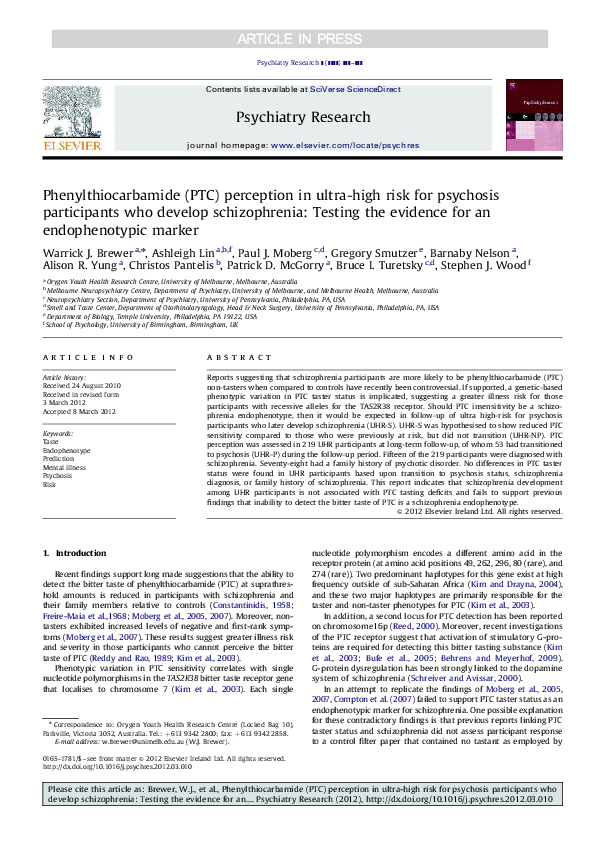 (PDF) Phenylthicarbamide (PTC) perception in ultra-high risk for ...