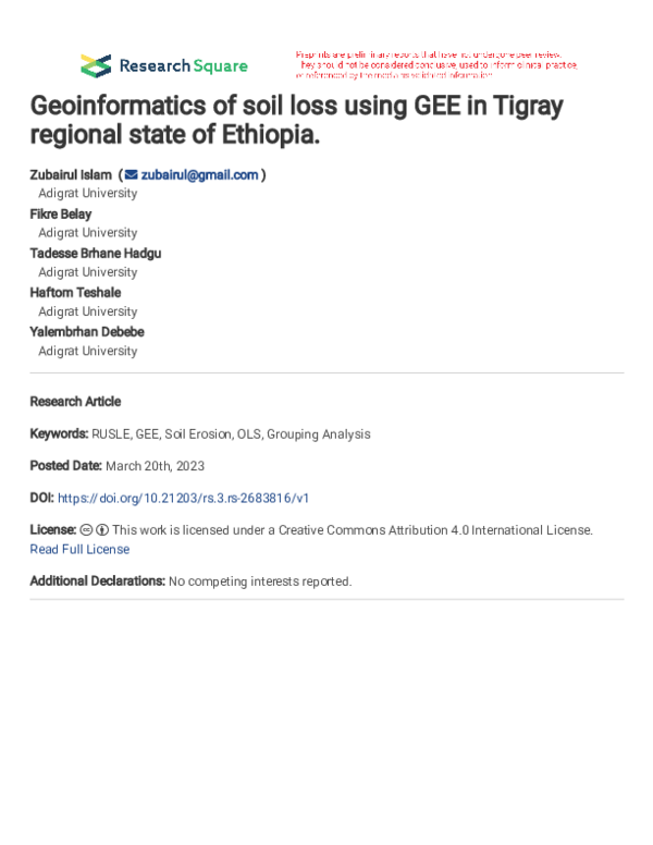 (PDF) Geoinformatics of soil loss using GEE in Tigray regional state of ...