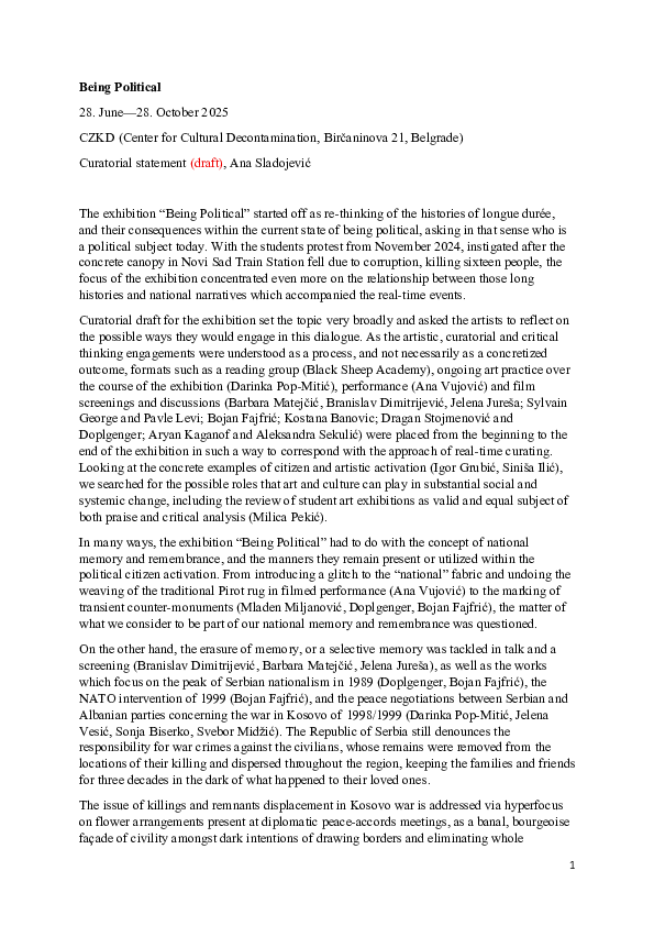 (PDF) Being Political, exhibition, curatorial statement