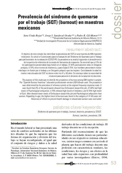 (PDF) Prevalencia del síndrome de quemarse por el trabajo (SQT ...