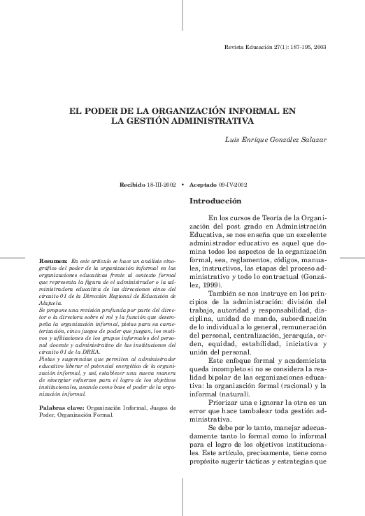 (PDF) El poder de la organización informal en la gestión administrativa