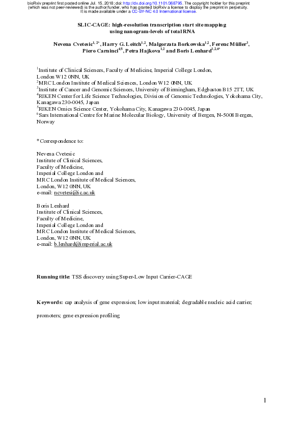 (PDF) SLIC-CAGE: high-resolution transcription start site mapping using ...