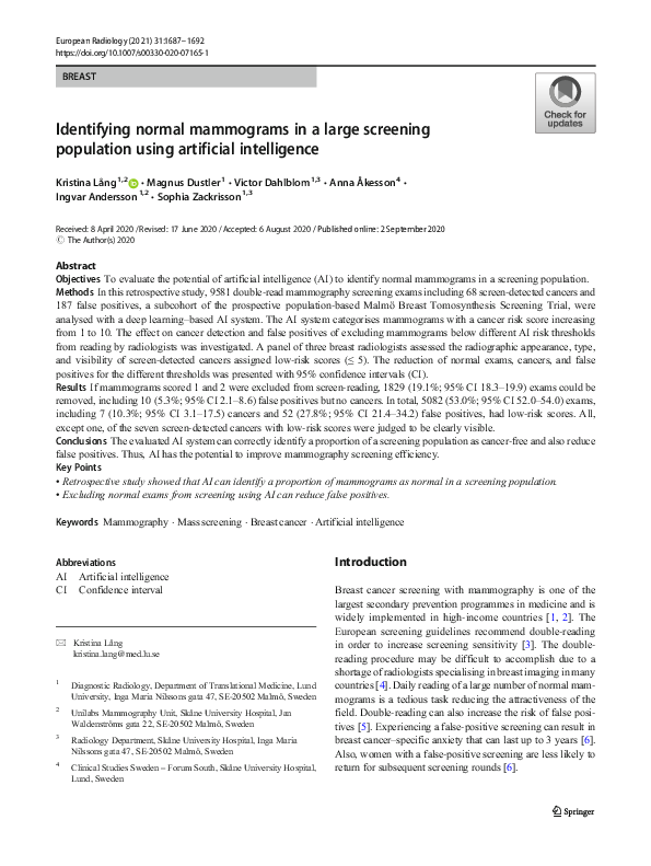 (PDF) Identifying normal mammograms in a large screening population ...