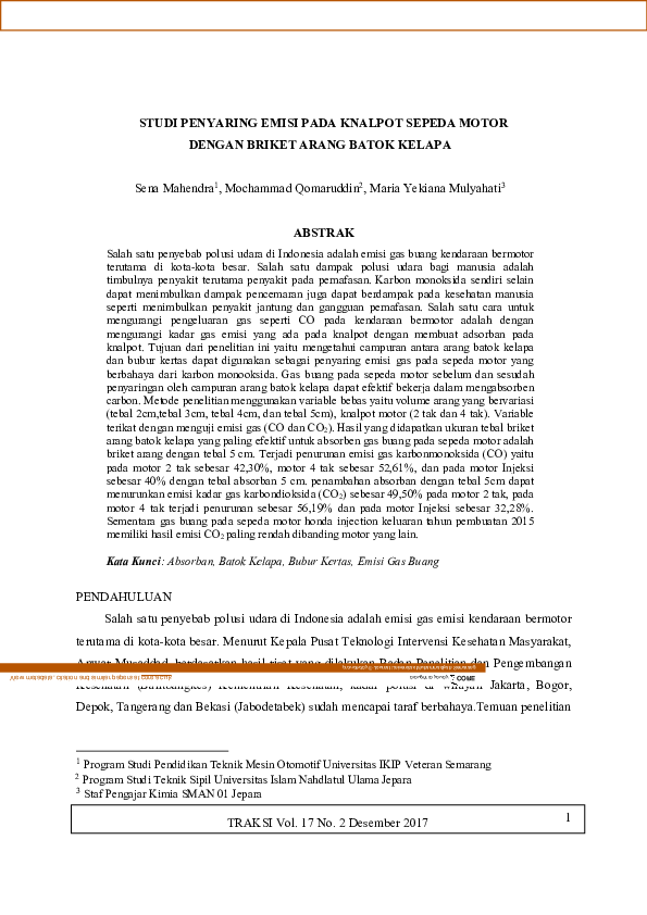 (PDF) Studi Penyaring Emisi Pada Knalpot Sepeda Motor Dengan Briket ...