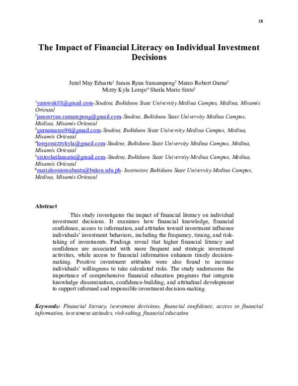 (PDF) The Impact of Financial Literacy on Individual Investment Decisions