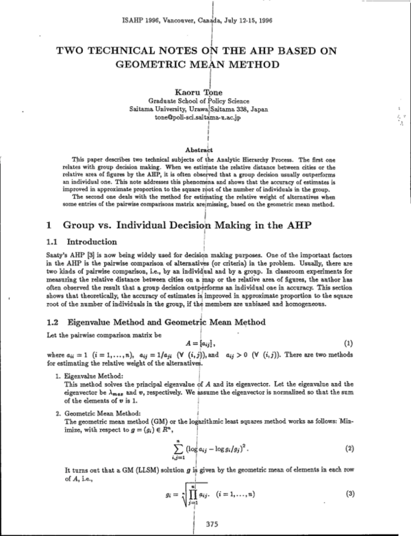 (PDF) Two Technical Notes on the AHP Based on Geometric Mean Method
