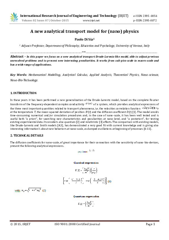 (PDF) A new analytical transport model for (nano) physics