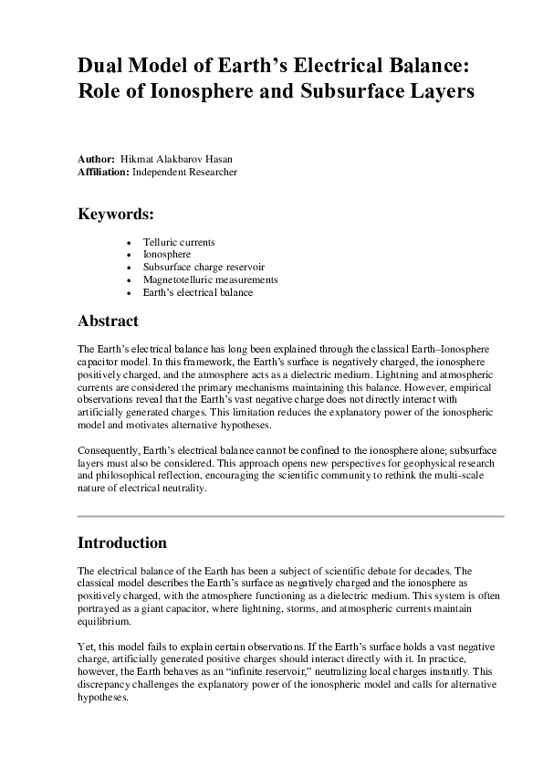 (PDF) Dual Model of Earth's Electrical Balance: Role of Ionosphere and ...