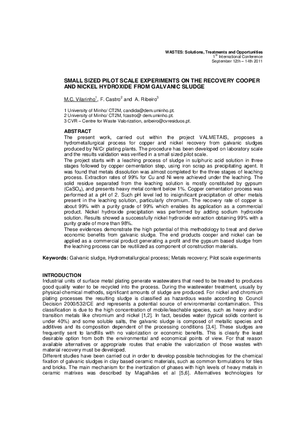 (PDF) Small sized pilot scale experiments on the recovery of copper and ...