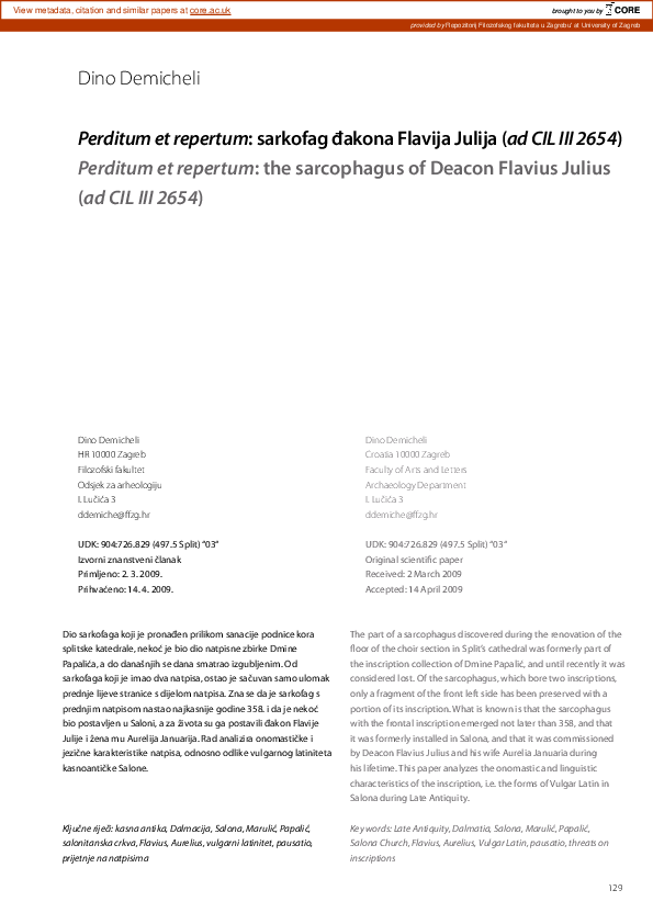 (PDF) Perditum et repertum: the sarcophagus of Deacon Flavius Julius ...