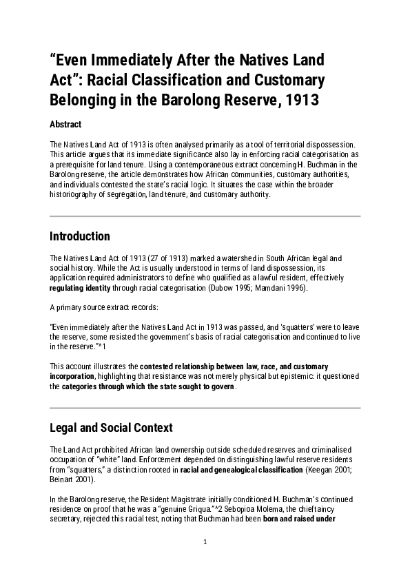 (PDF) "Even Immediately After the Natives Land Act": Racial ...