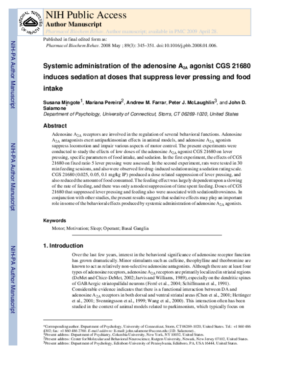 (PDF) Systemic administration of the adenosine A2A agonist CGS 21680 ...