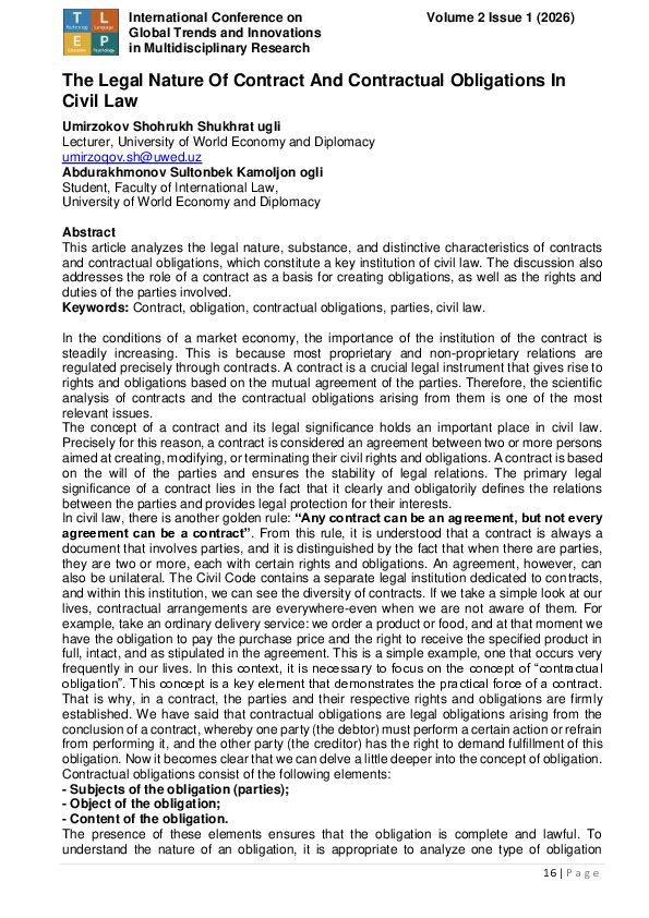 (PDF) The Legal Nature Of Contract And Contractual Obligations In Civil Law