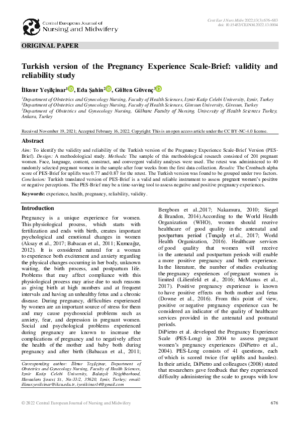 (PDF) Turkish version of the pregnancy experience scale-brief: validity ...