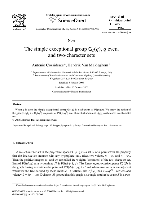 (PDF) The simple exceptional group G2(q), q even, and two-character sets