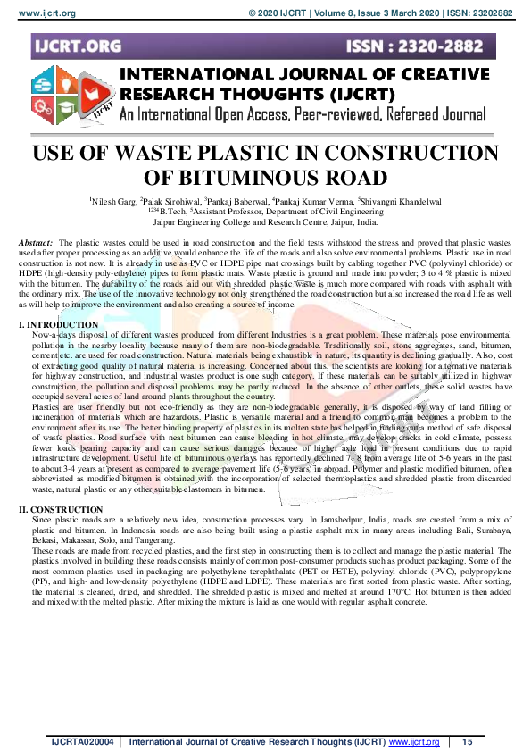 (PDF) Use of waste plastic in construction of Bituminous road