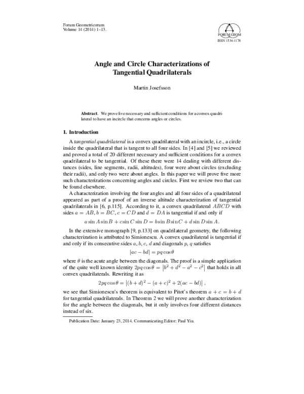 (PDF) Angle and circle characterizations of tangential quadrilaterals