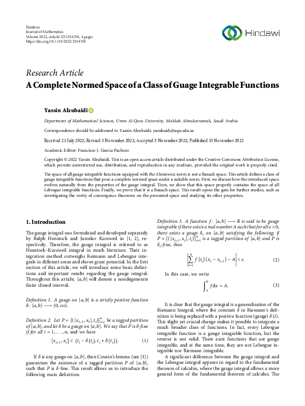 (PDF) A Complete Normed Space of a Class of Guage Integrable Functions