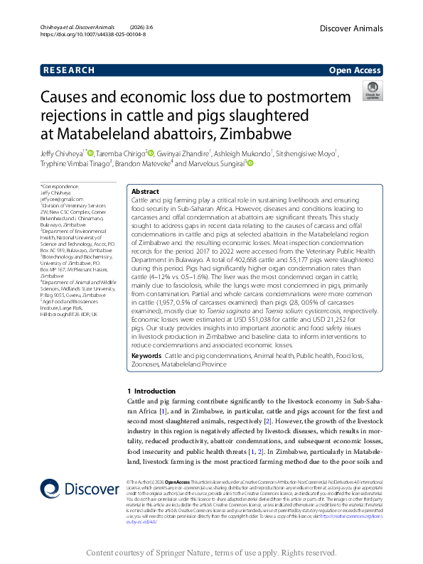 (PDF) Causes and economic loss due to postmortem rejections in cattle ...