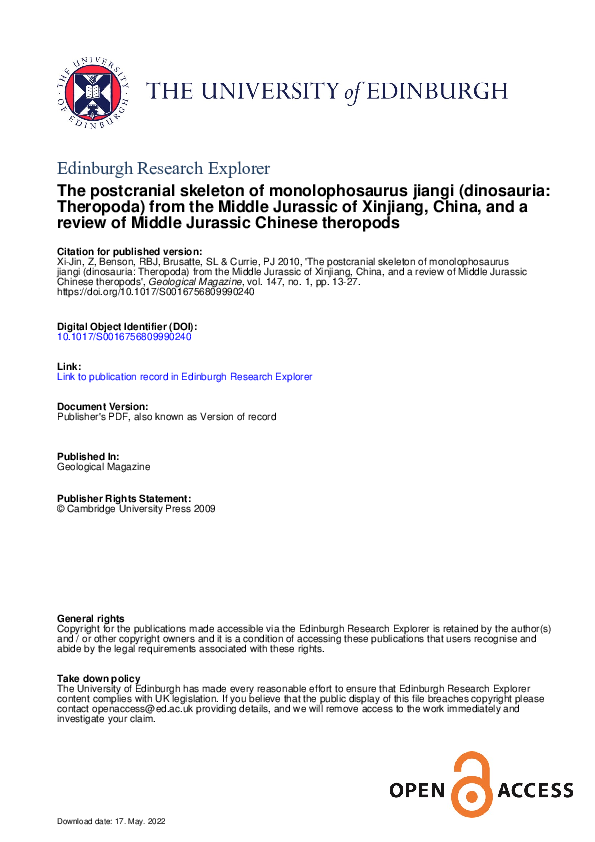 (PDF) The postcranial skeleton of Monolophosaurus jiangi (Dinosauria ...
