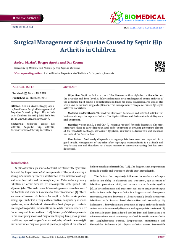 (PDF) Surgical Management of Sequelae Caused by Septic Hip Arthritis in ...