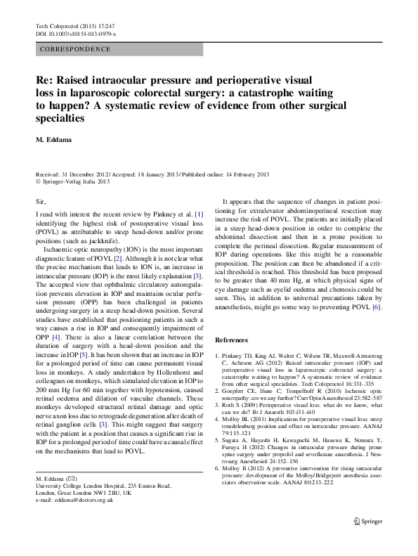 (PDF) Re: Raised intraocular pressure and perioperative visual loss in ...