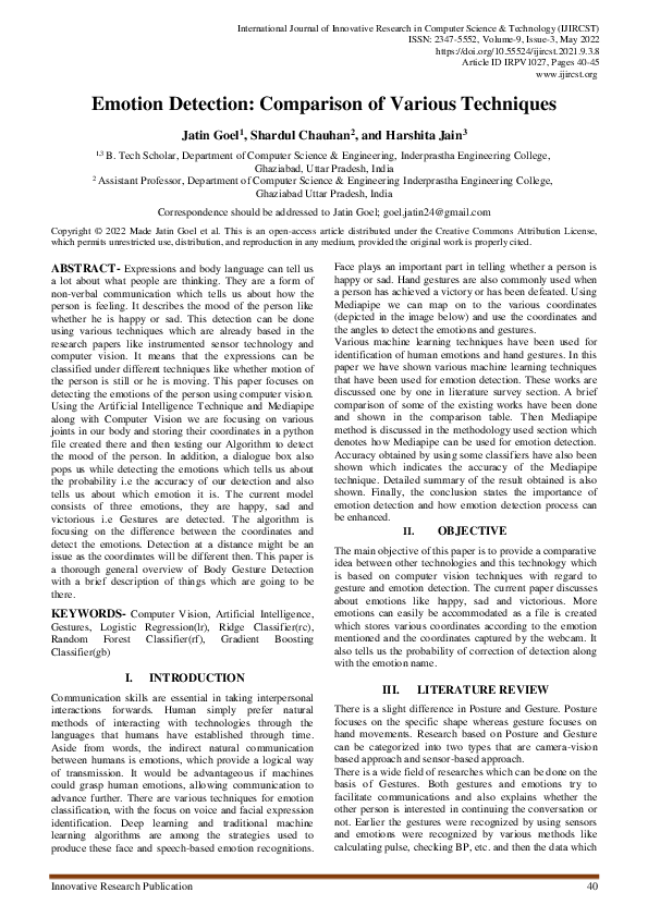 (PDF) Emotion Detection: Comparison of Various Techniques