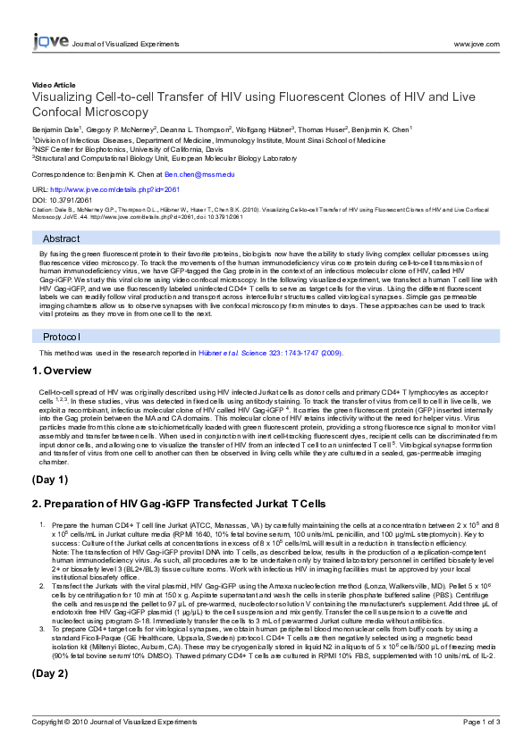 (PDF) Visualizing Cell-to-cell Transfer of HIV using Fluorescent Clones ...