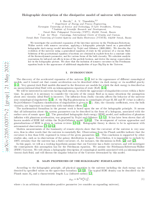 (PDF) Holographic Description of the Dissipative Model of Universe with ...